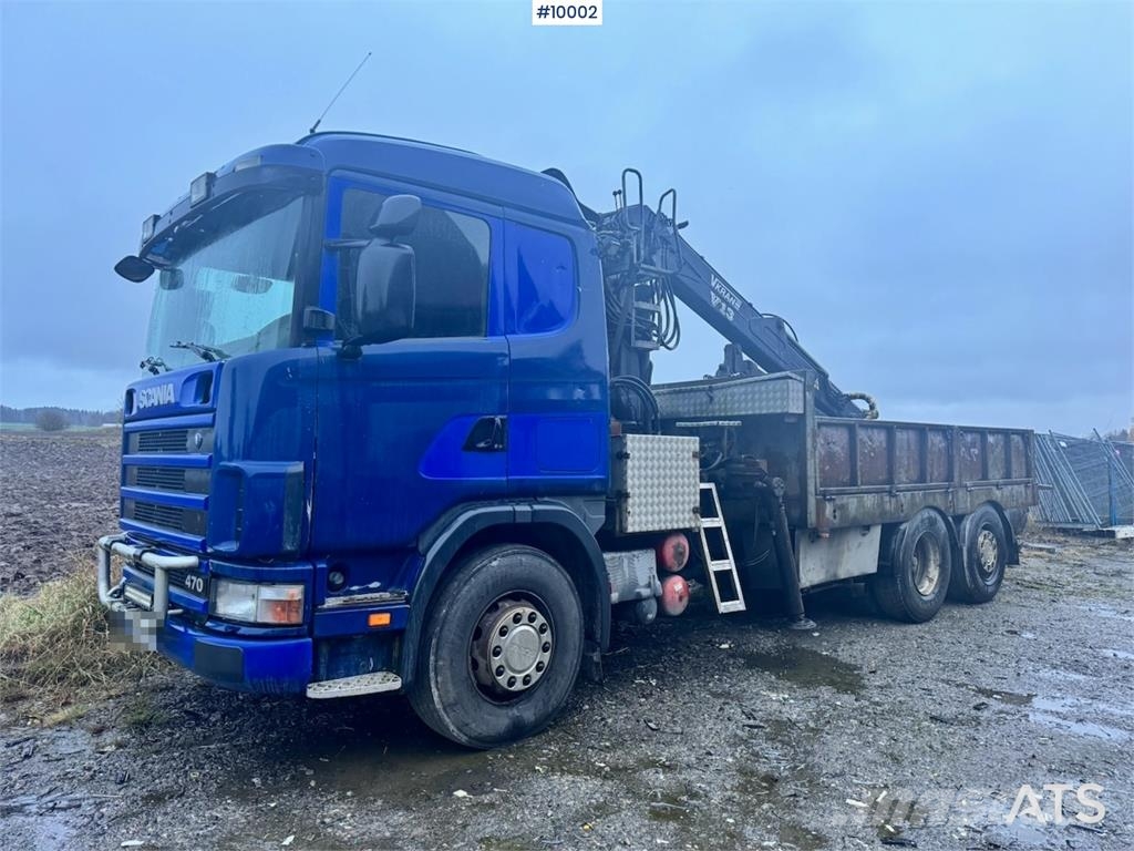 Scania R124 6x2 Flatbed truck with timber crane, 2001, Västra Götaland ...